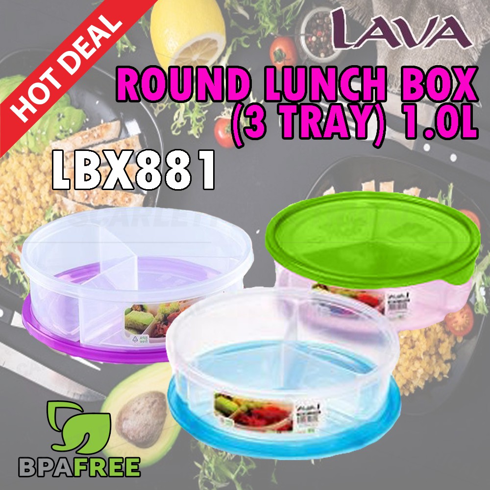 LAVA 1.0 Litre Round Lunch Box 3 Tray Compartments LBX 881 BPA Free ...