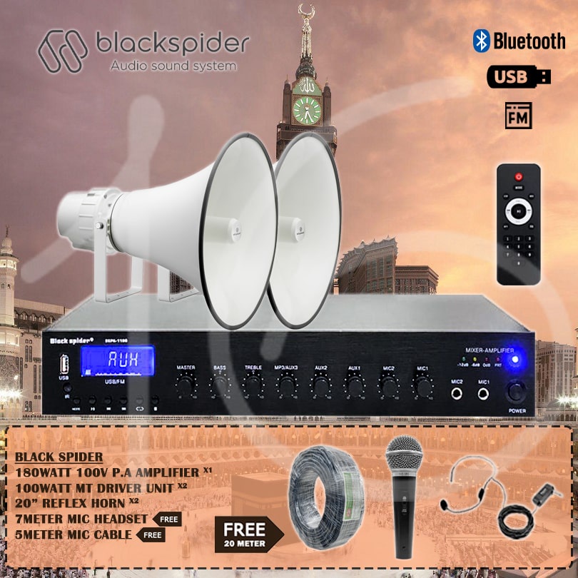 Black Spider PA SYSTEM PACKAGE 180W Mixing Amplifier with 2Unit 100W ...