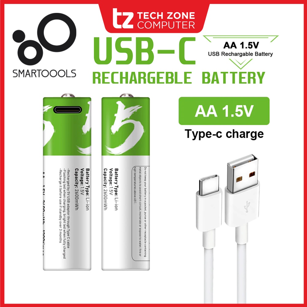 SMARTOOOLS Type C USB Cable Rechargeable Battery 1.5V AA USB-C AA ...