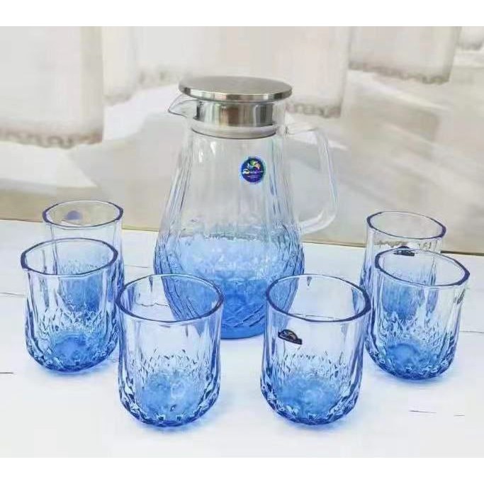 Set Jug Kaca Rekabentuk Kristal. 6 Cawan . Shining Blue & Rose Gold ...