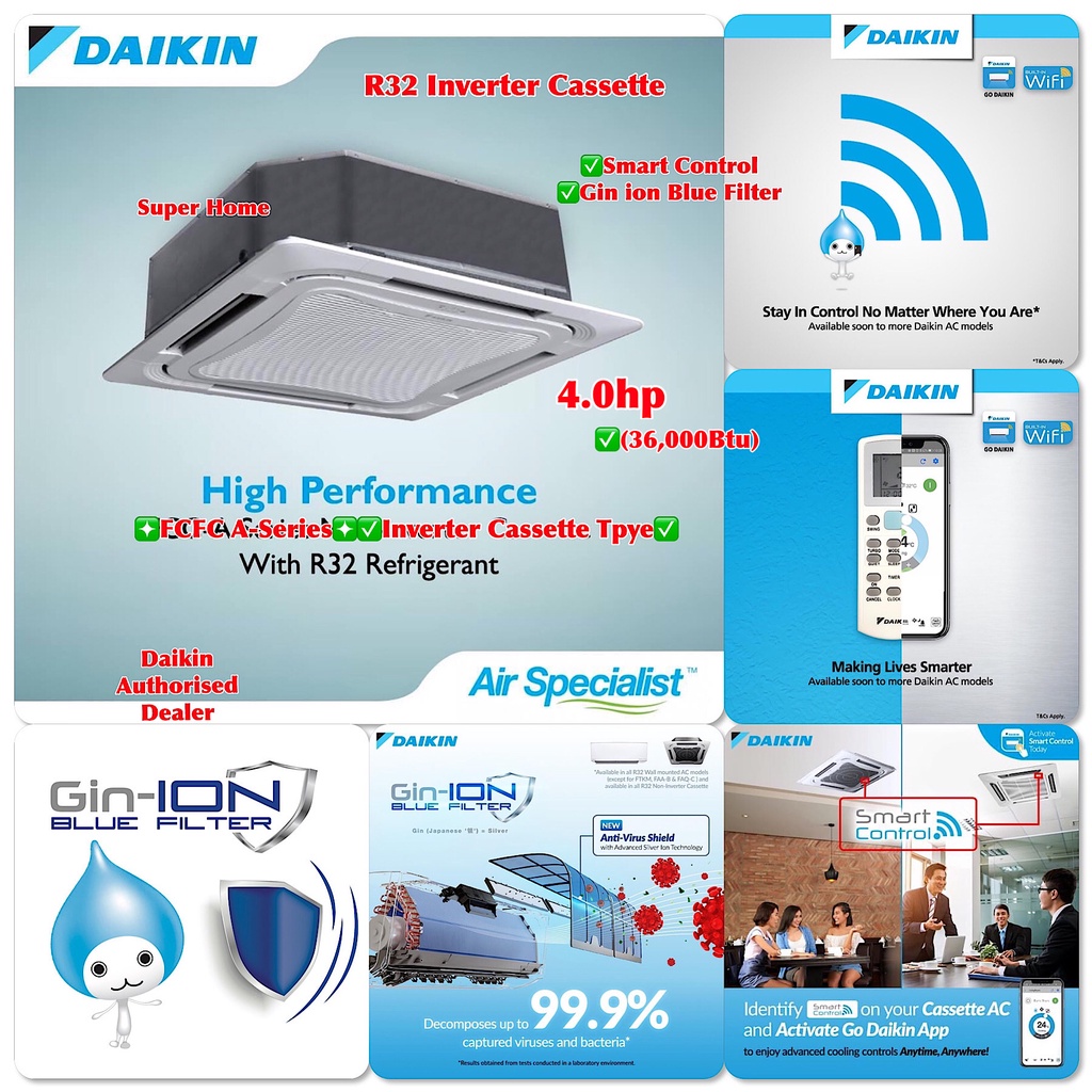 Daikin 4.0hp Inverter Ceiling Cassette Air conditioner FCFC100AV1MF & RZFC100AVMM Panel BCR50FMF ...