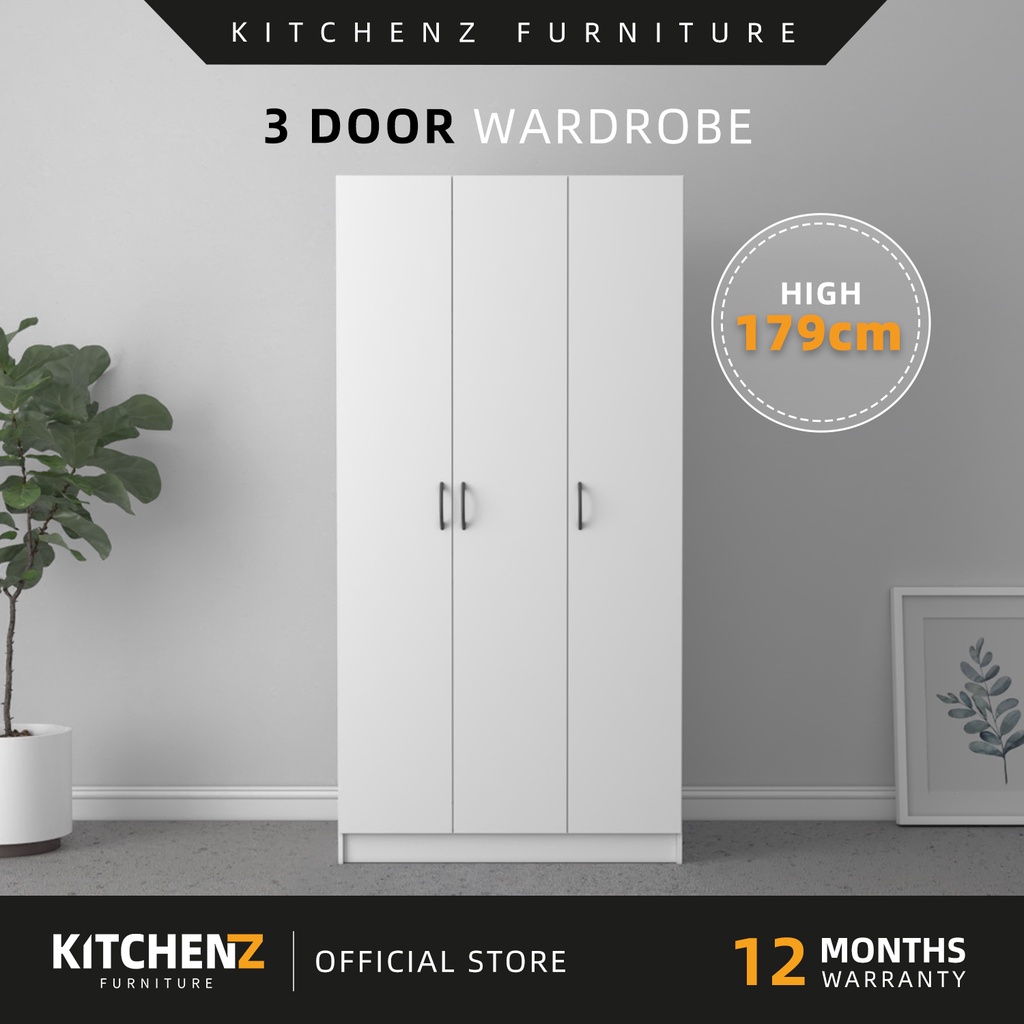 KitchenZ Sabah 3 Door Wardrobe (180cm Height) Almari Baju Almari Pakaian Storage Cabinet - 6001 ...
