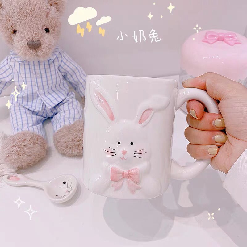 INS Cute Couple Pink Milky Rabbit Bunny With Ribbon 3D Design Cute Cup Girl Mug Large Capacity ...