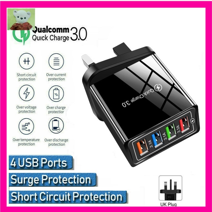 Fast Charger QC 3.0 / 4 Port USB 30W Quick Charge UK Plug 3 Pin ...