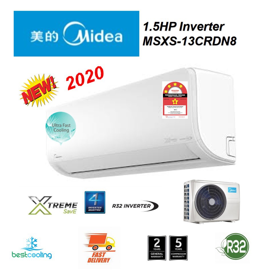 Midea (MSXS-13CRDN8) 1.5HP wall type air cond R32 Gas Inverter (New 2020) | Shopee Malaysia
