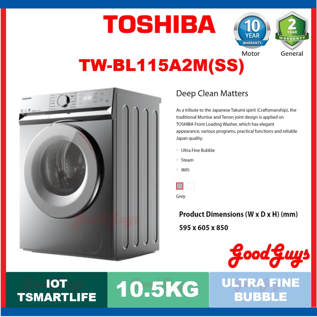 [Seller's Own Fleet] Toshiba TW-BL115A2M(SS) 10.5Kg Front Load Washer | Shopee Malaysia