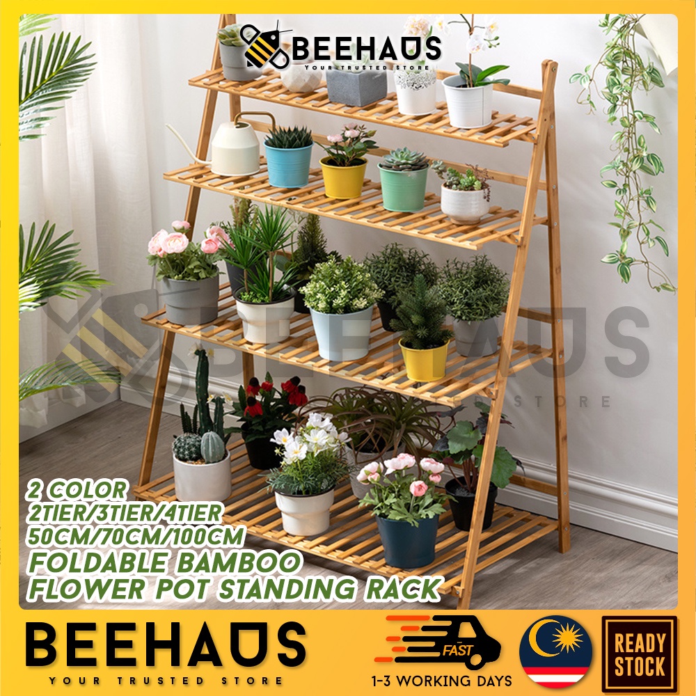 BEEHAUS Foldable Bamboo Flower Pot Standing Rack Wooden Flower Garden ...