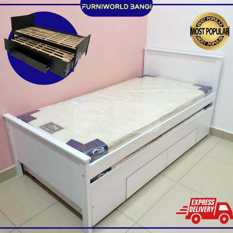 Single/ Super Single Wooden Bed with Pull Out + Drawers Katil Single ...