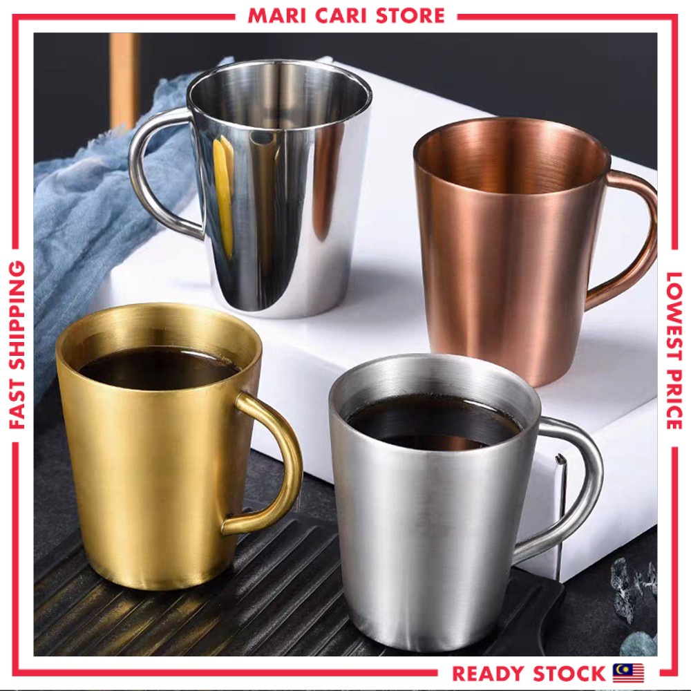 Stainless Steel Coffee Cup Double Layer Water Cup Cawan Kopi Milk Cup ...