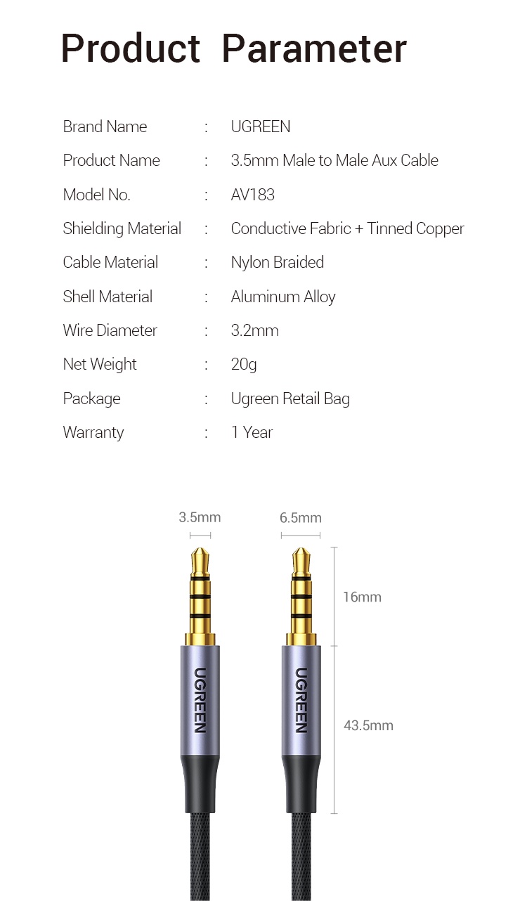 UGREEN 3.5mm Aux Cable 4 Pole TRRS 4-Conductor Auxiliary Male to Male ...