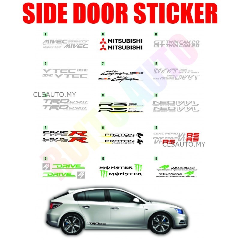 CAR BODY SIDE DOOR DECAL STICKER MANY DESIGNS - TRD MONSTER M7 MIVEC VTEC DVVT R3 PROTON ...