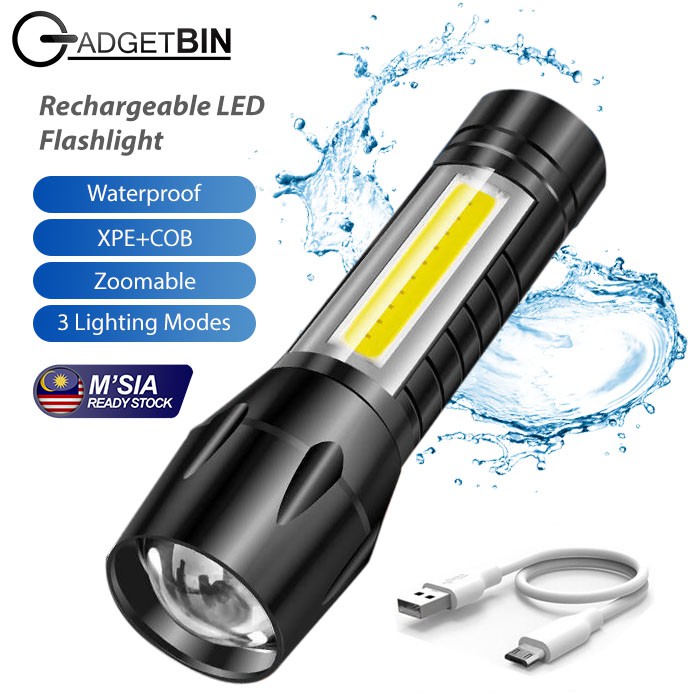 Portable USB Rechargeable Zoomable LED Torch Light Modes COB+XPE LED ...