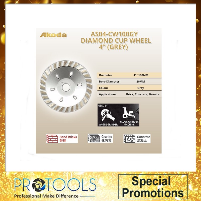 Akoda AS04-CW100GY Diamond Cup Wheel 4" 100MM (D) x 20MM (BD) (Grey ...