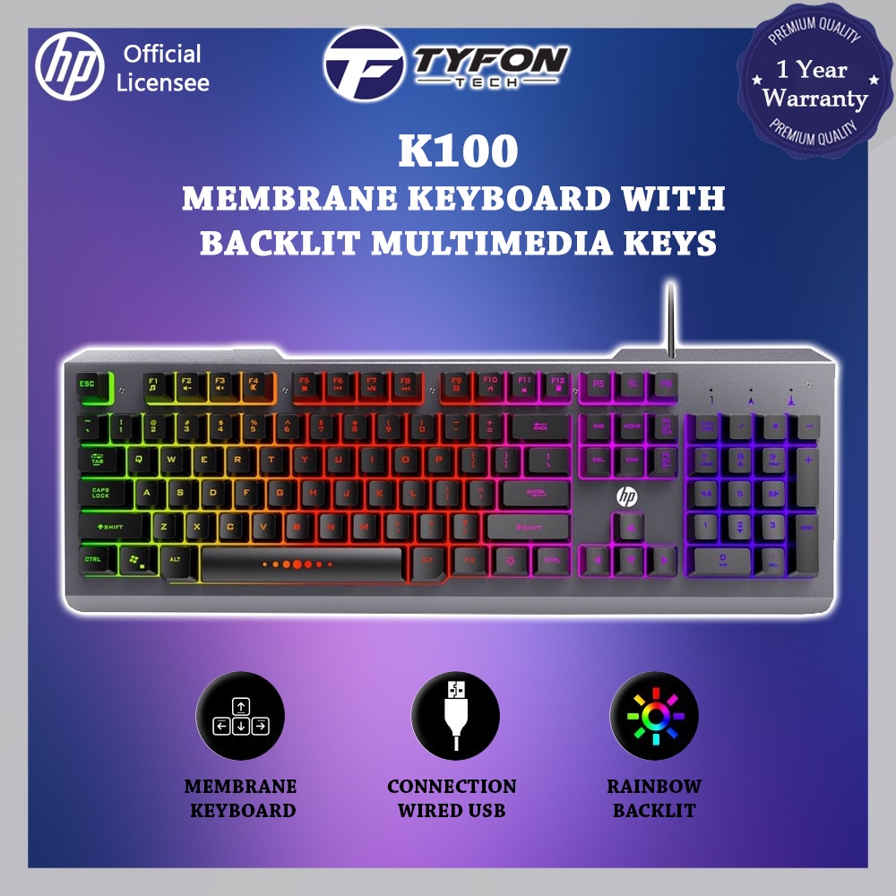HP K100 Wired Membrane Gaming Keyboard With Backlit Multimedia Keys ...