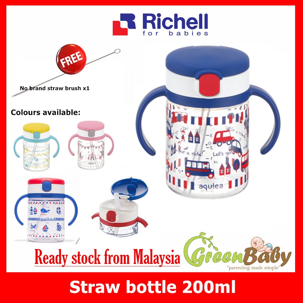 Richell AQ Straw Bottle 200ml Aqulea Water Bottle ( Navy Blue , Pink , Yellow ) | Shopee Malaysia