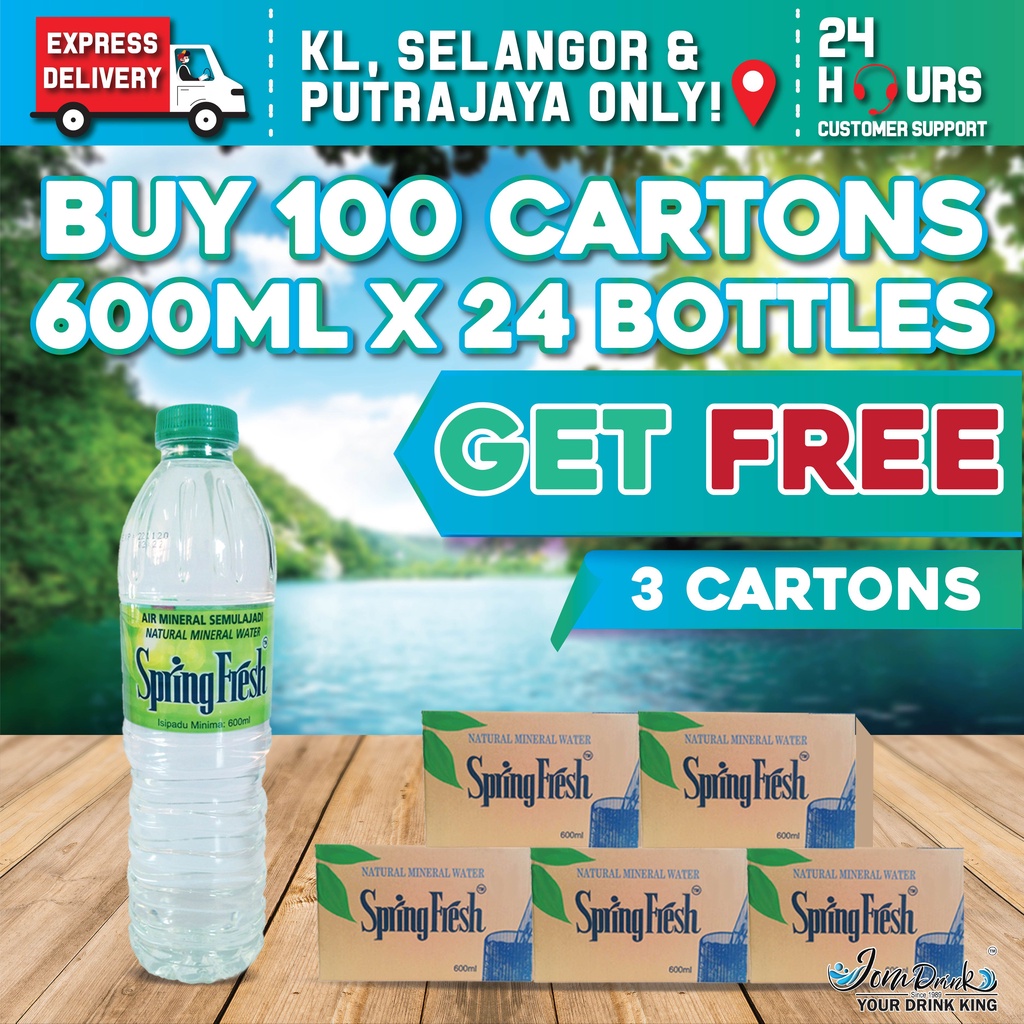 BUNDLE OF 100 CARTONS : SPRING FRESH MINERAL WATER 600ML x 24 BOTTLES ...