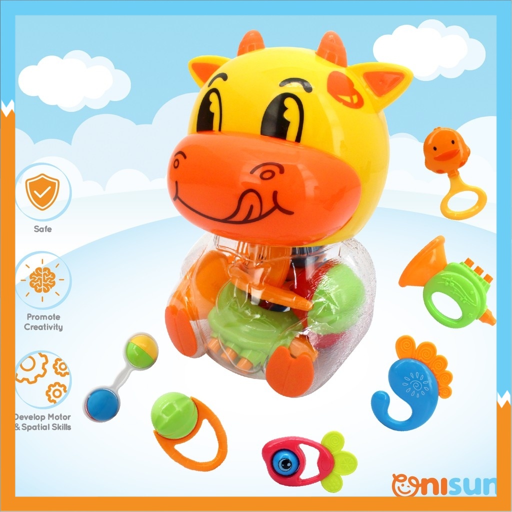 6 in 1 Baby Cute Rattles with Adorable Cow Coins Tubes Early Learning ...