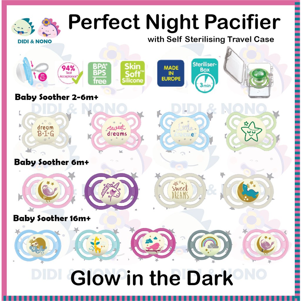 MAM Perfect Night Pacifier 2-16m+ Glow in the Dark Baby Soother with ...