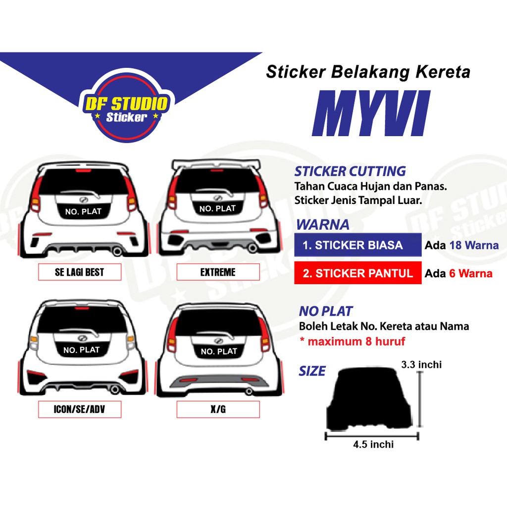 Sticker Belakang Kereta Perodua Myvi, 1 Pcs, Boleh Tukar Warna Dan No ...