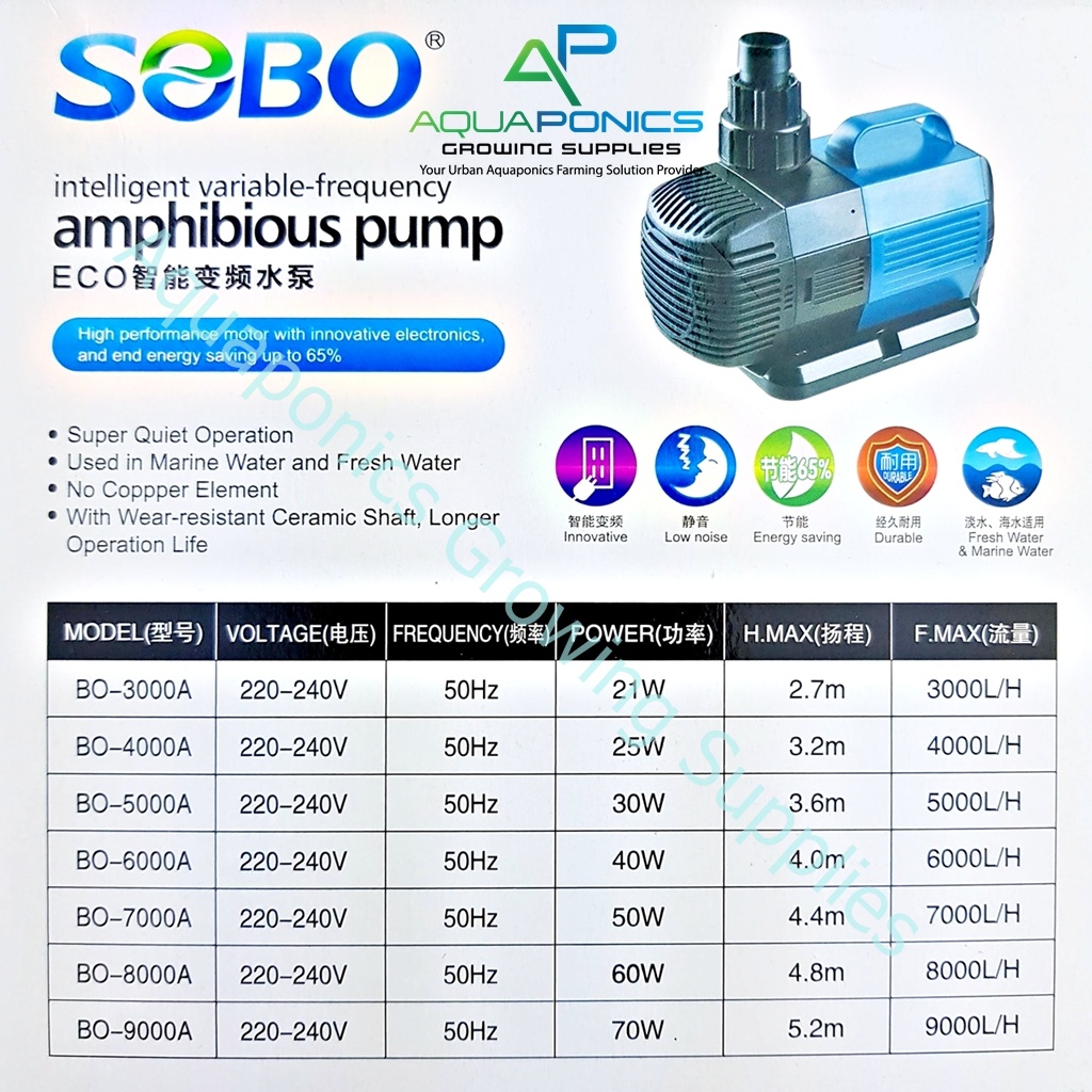SOBO Amphibious Aquarium Eco Pond Water Pump BO-1800A BO-2000A BO-2800A ...