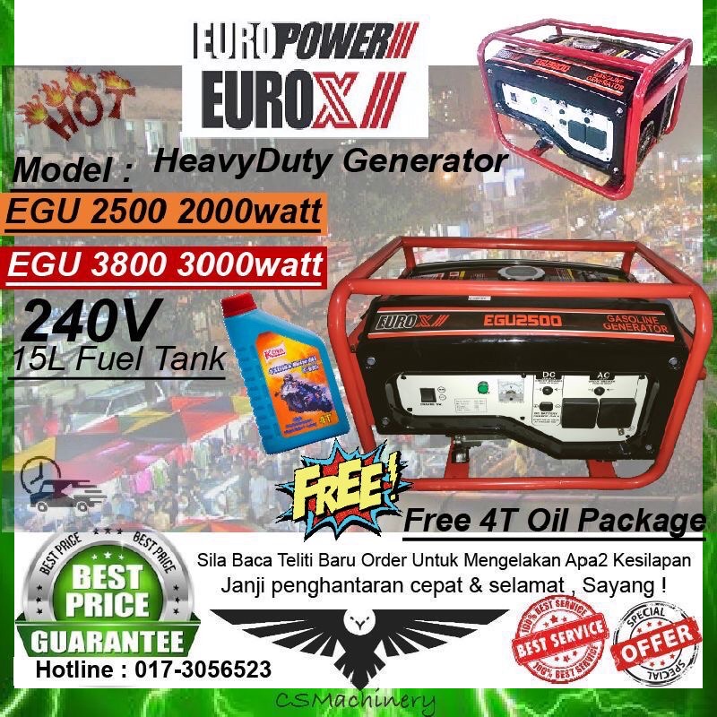 EURO X EUROPOWER PETROL GENERATOR 2000W / 3000W EGU2500 / EGU3800 ...