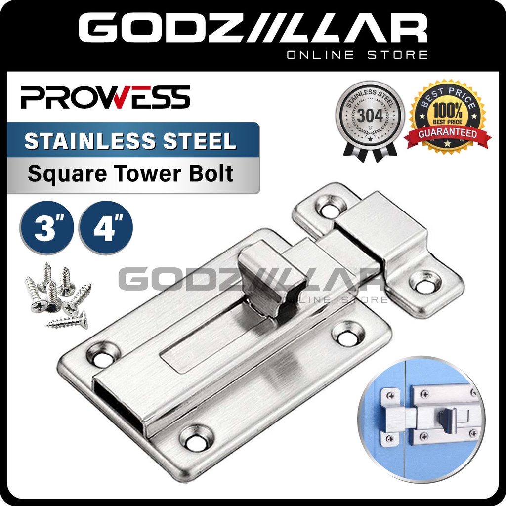 Prowess Stainless Steel Square Bolt Slug | 3" & 4" Tower Bolt | Door ...
