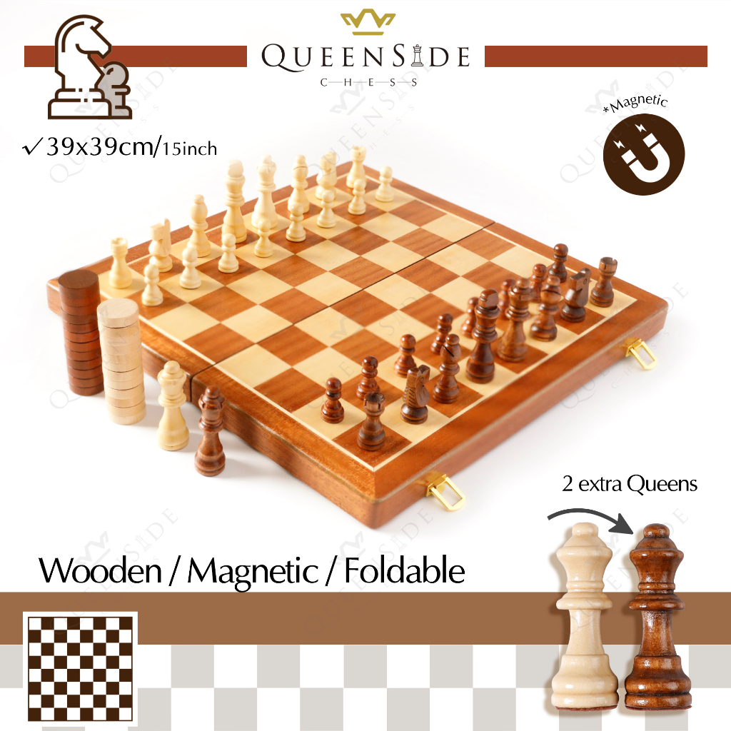QueenSide 15“(39x39) 2 in 1 Magnetic Wooden Chess Set with Folding ...