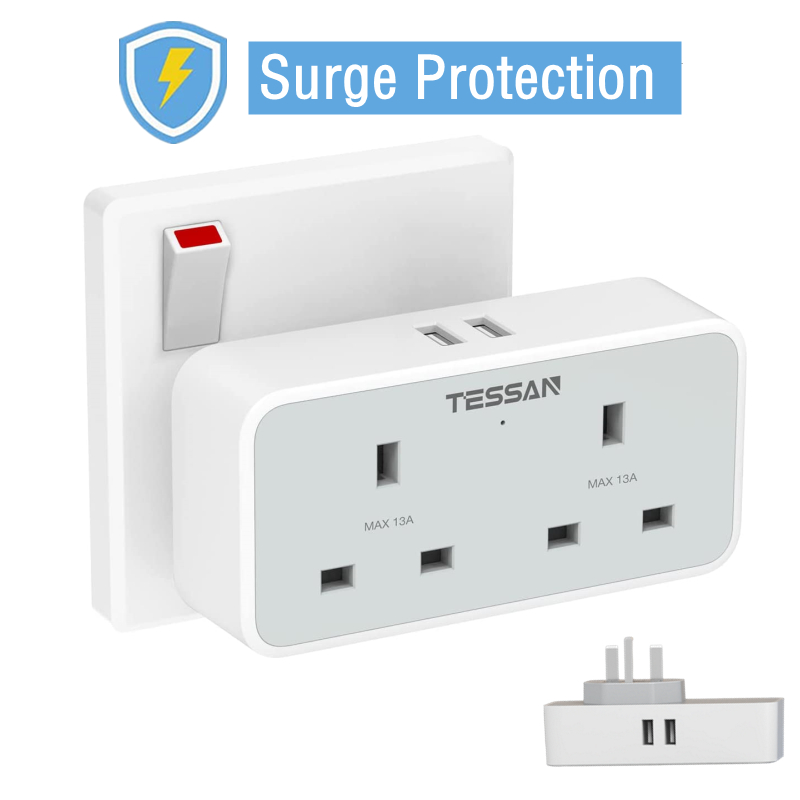 TESSAN Extension Plug Adapter with USB+Type C, Multi Plug Adaptor,Surge ...
