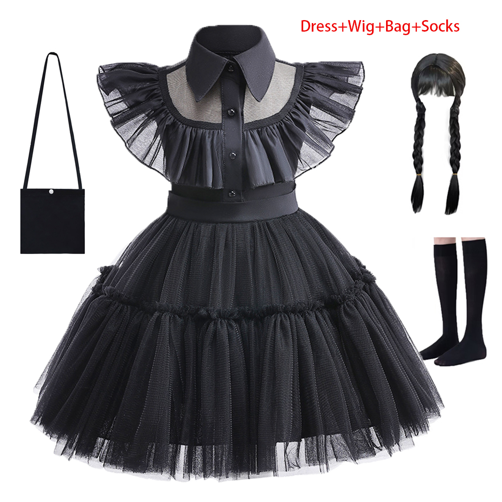 Addams Wednesday Cosplay Dress Black Baby Girls Mesh Costume 1-7 Years ...
