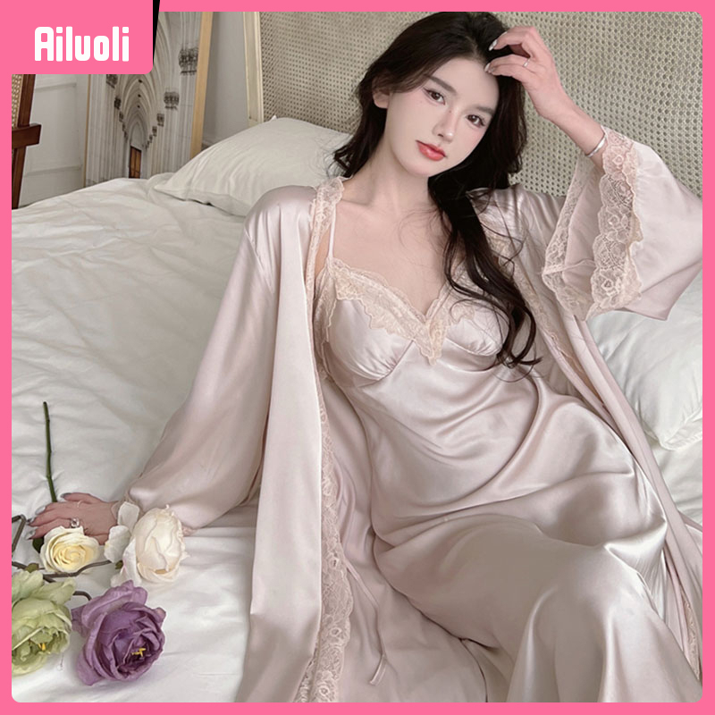 High-End New Nightdress Female Summer Sexy Ice Silk Thin Chest Pad Lace Sling Pajamas Night Gown ...