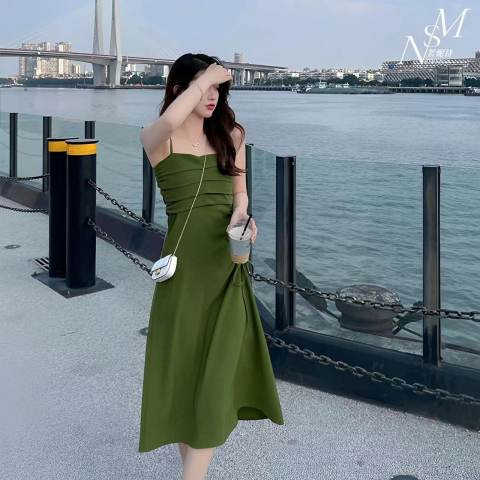 French drawstring green suspender dress Women's summer slim slim medium ...