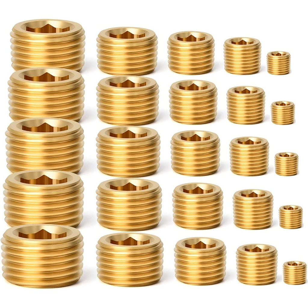 25Pcs Brass Pipe Plugs Set, NPT Plug 1/8" 1/4" 3/8" 1/2" 3/4" Brass ...