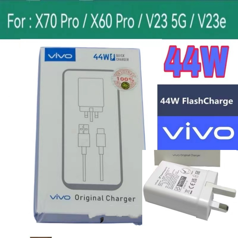 Vivo Charger 44W Adapter UK Plug Fast Charger power 3-Pin USB to Type C ...