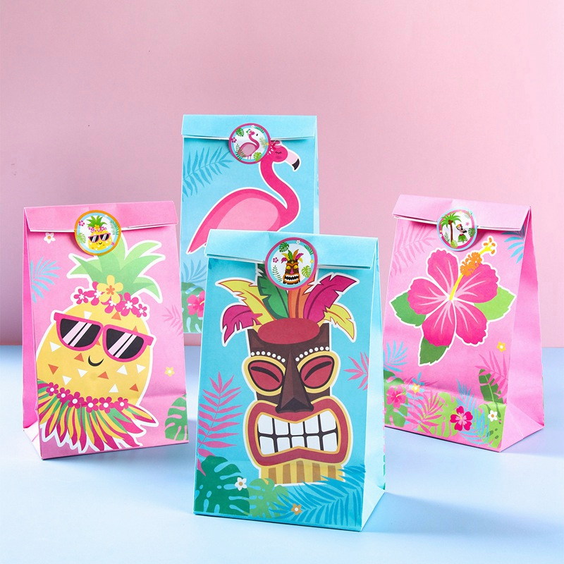 4PCS Hawaiian Tropical Gift Bags Wrapped Treat Bags Tag Stickers Loot ...