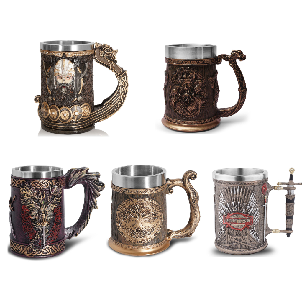 Nordic Viking Beer Mug Medieval Resin Stainless Steel Retro Tankard ...