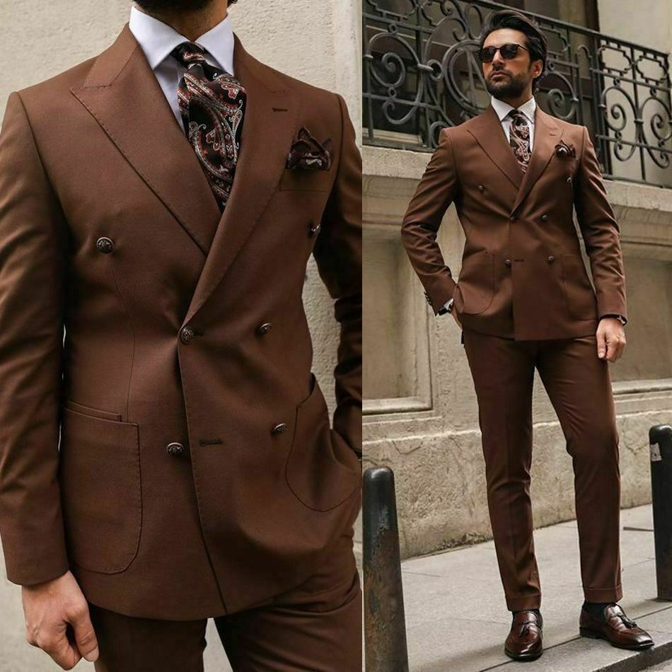 2 Piece Brown Men Suit Peak Lapel Double Breasted Prom Groom Tuxedos ...