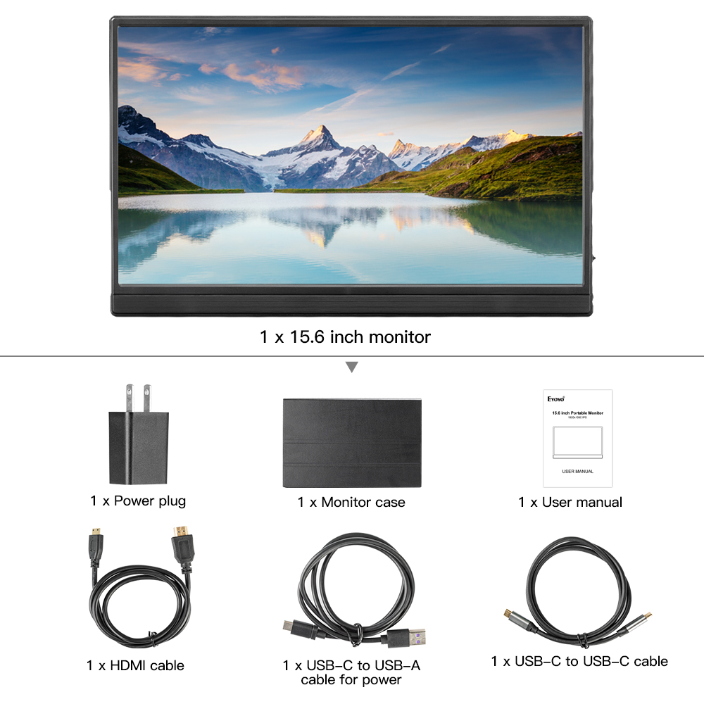 Eyoyo 15.6 Inch Portable Monitor HDMI Type-C 1080P HDR IPS Screen Dual ...