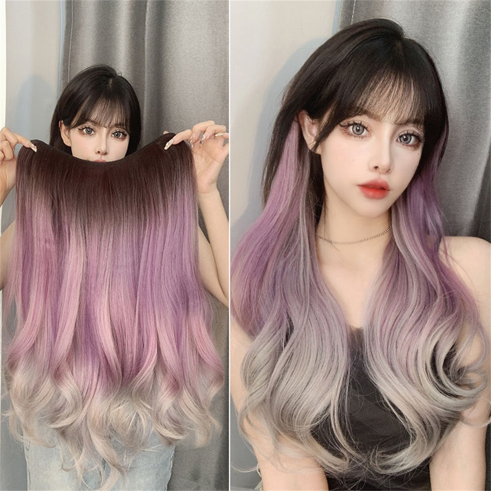 Gradient Purple Invisible Seamless U-shaped One-Piece Curly Wigs Women ...