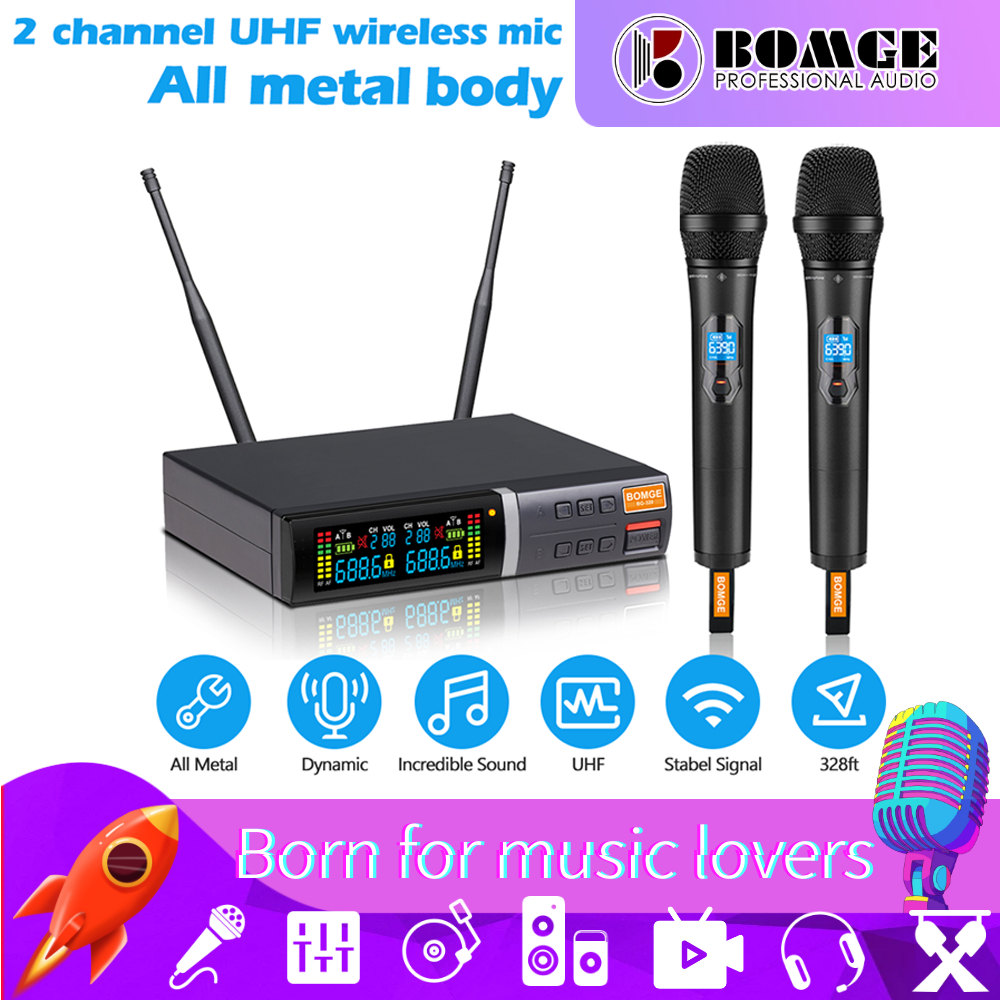 BOMGE Wireless Microphone,Metal Dual Professional UHF Microphone System ...