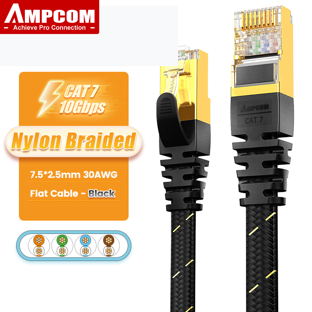 AMPCOM CAT7 Ethernet Cable, Shielded Flat RJ45 Network Patch Cord 10G ...