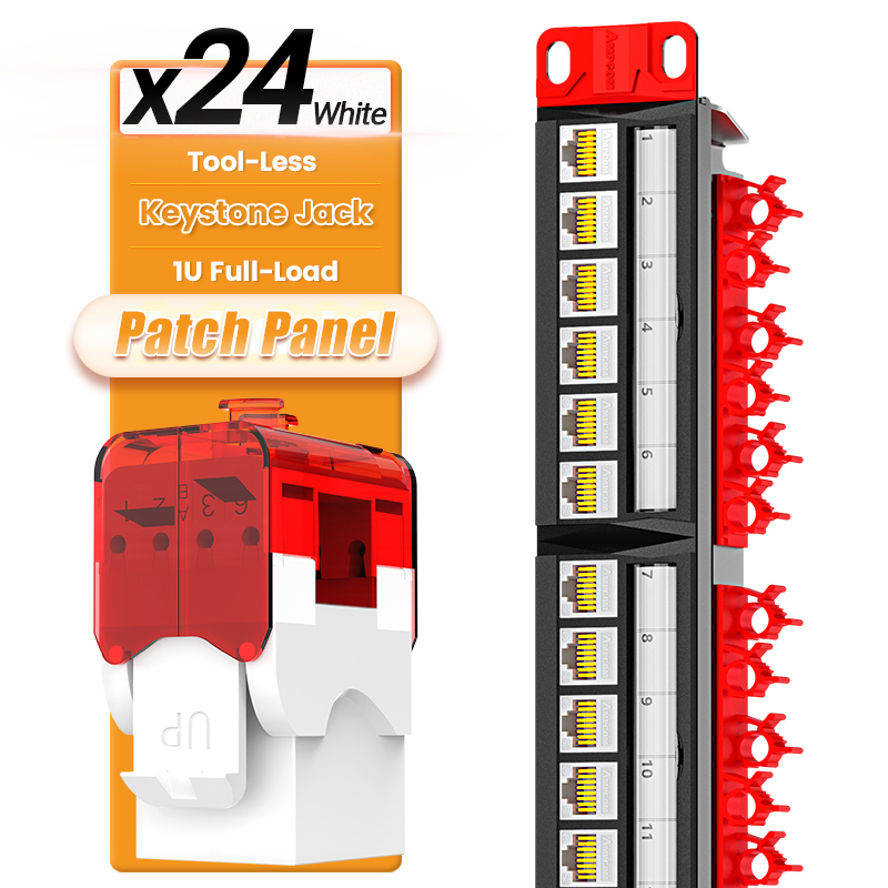 AMPCOM 24 Port Tool-Less RJ45 Keystone Jack Patch Panel with Back Bar ...