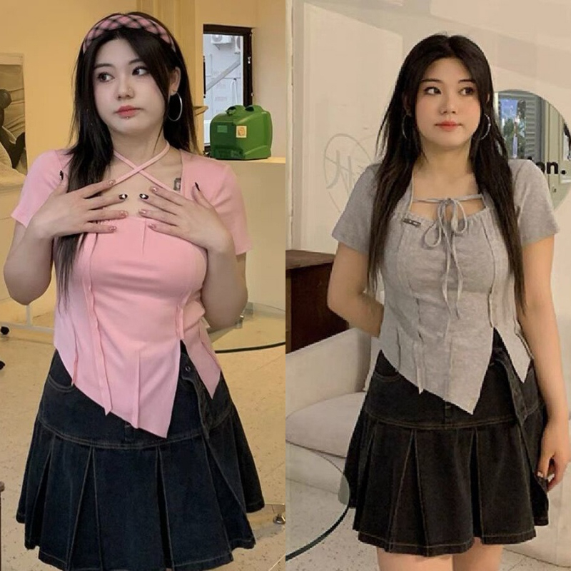 🍊[Ready stock ] 🍊 大码女装 【40-120kg胖妹妹】大码胖MM300斤纯欲挂脖短袖女显瘦夏季新款辣妹上衣微胖设计感T恤 【M-5xl fat bigsize plus ...