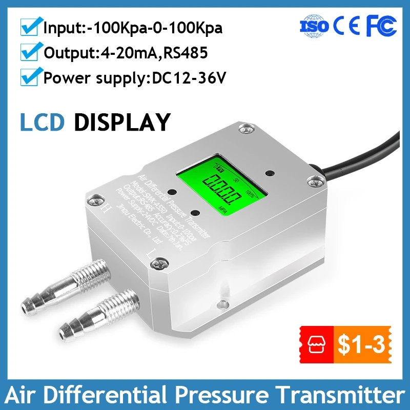 LCD Air Pressure Sensor Digital Wind Differential Pressure Transmitter 4-20mA Out Sensor -20Kpa ...
