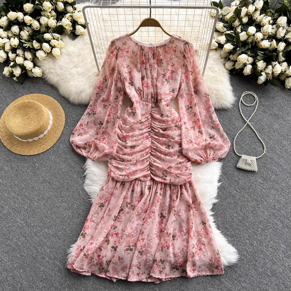 Korean Style Women Ladies Long Sleeve Slim Floral Pleated Maxi Dress ...