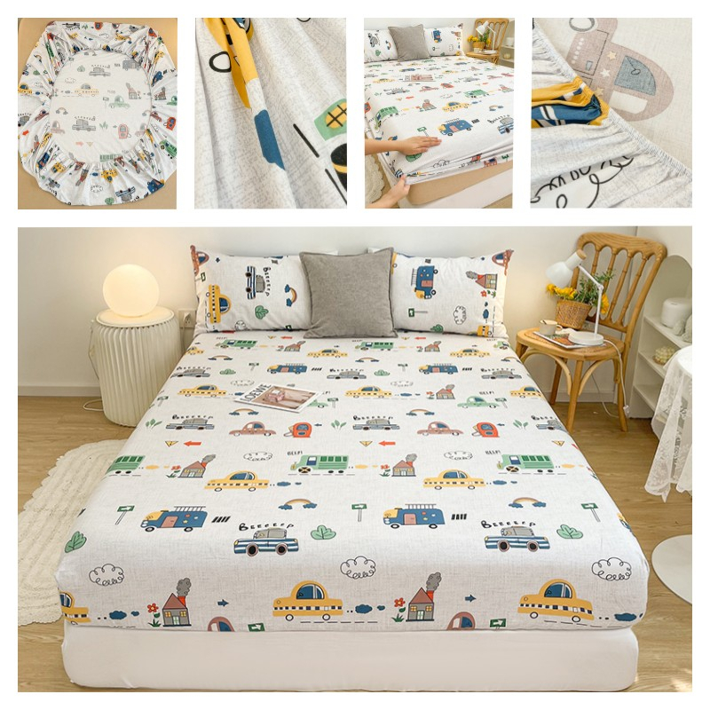 1 PC 100% Cotton Bedsheet Cartoon Cars Print Reactive Dyeing Fitted ...