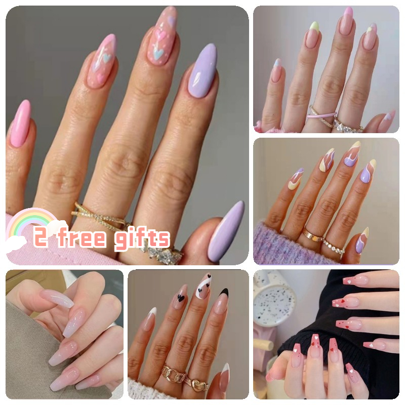 [Free Glue] 24 Pcs Fake Nails With Glue, Middle And Long Fingernails ...