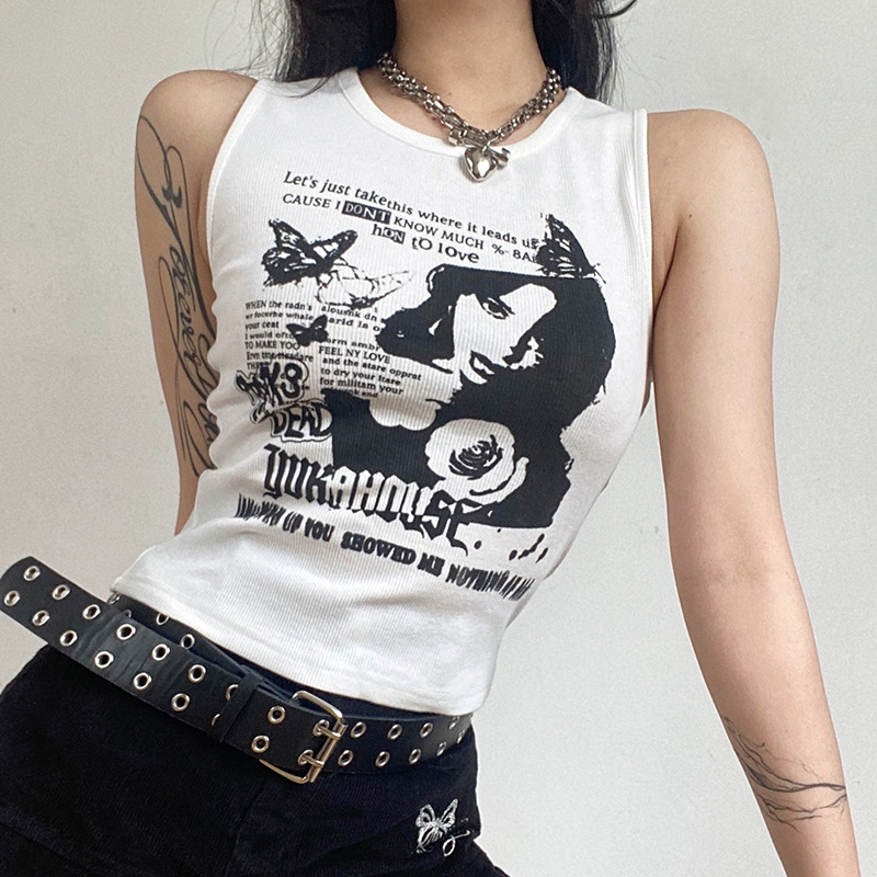 Y2k Print Sleeveless Sexy Tank Top Women Ribbed Knit Vest Streetwear
