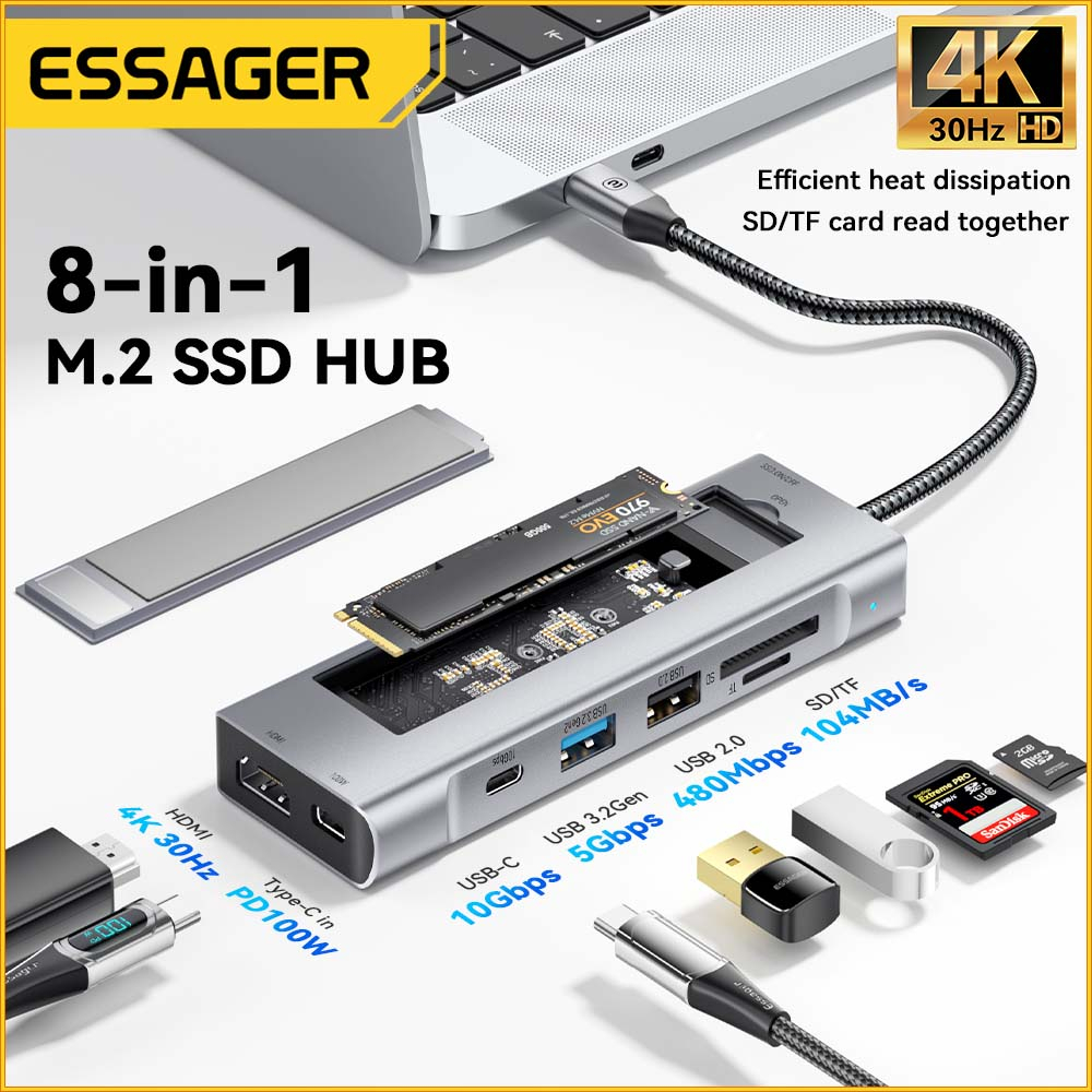 Essager 8 In 1 Type C Hub M2 SSD Hard Drive Reader 4K HDMI Connector PD ...
