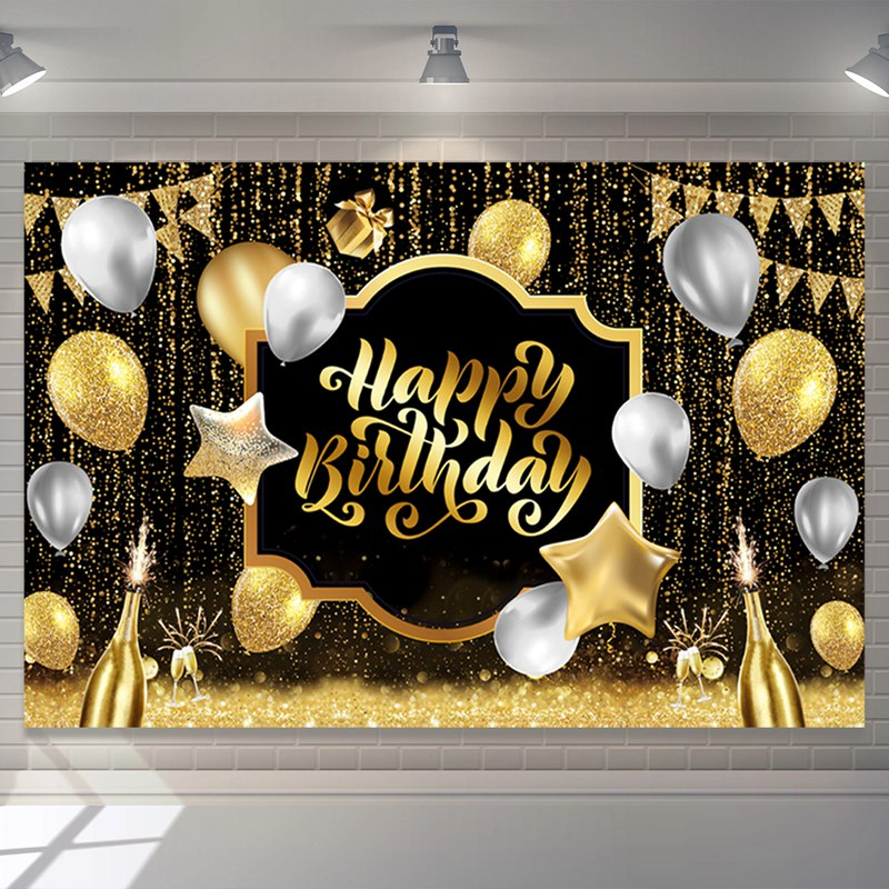 1*1.5M Happy Birthday Banner Black Gold Polyester Backdrop For ...