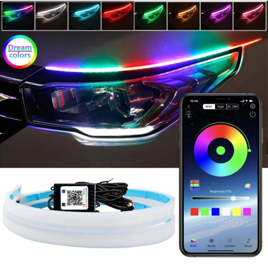 2x LED DRL Car Daytime Running Light APP Control Flexible RGB Auto Headlight Strips Flowing Turn ...